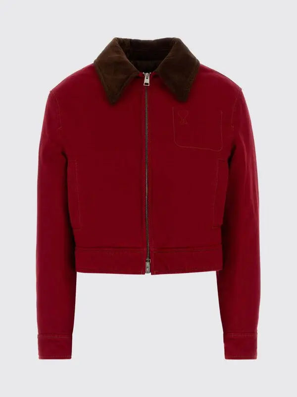 AMI Paris Cotton Shirt Jacket With Corduroy Collar - Red