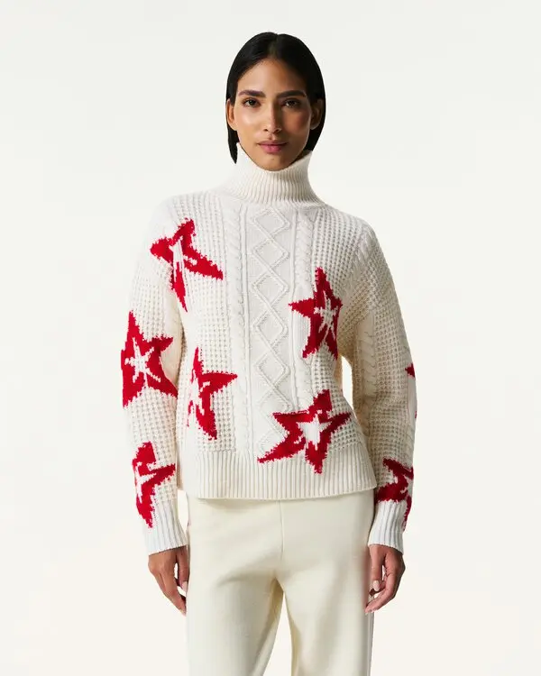 Perfect Moment Wool Cable Star Turtleneck Sweater - Cream