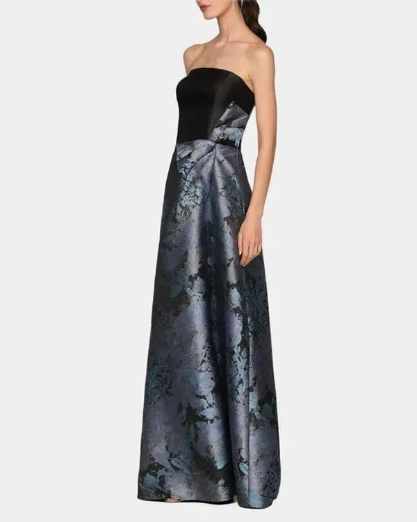 KAY UNGER Eva Dauphine Jacquard Asymmetric Gown - Chambray Multi