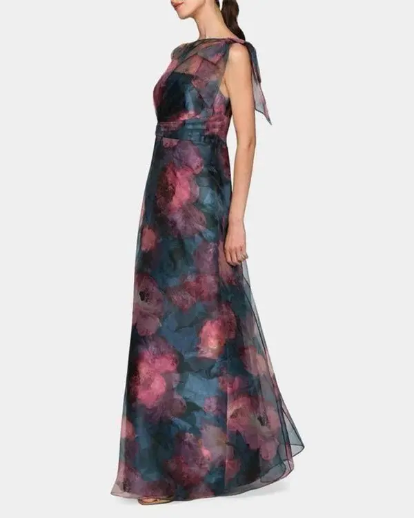 KAY UNGER Jocelyn Poppy Print Chiffon A-line Gown