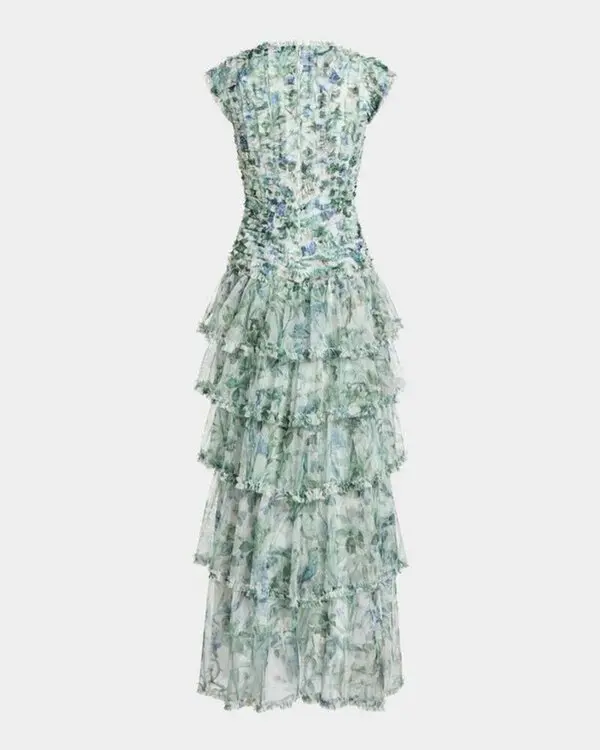 Mac Duggal Floral Mesh Ruffled V-neck Maxi Dress