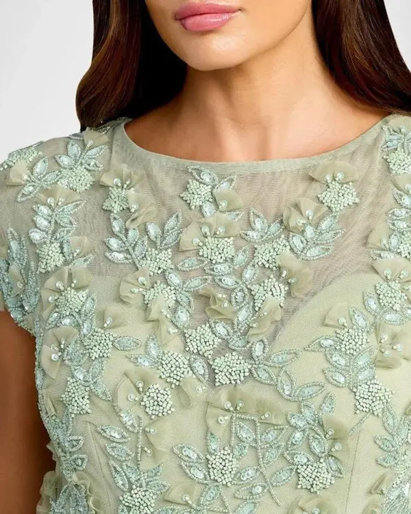 Mac Duggal Floral-embellished Mesh Midi Dress - Sage