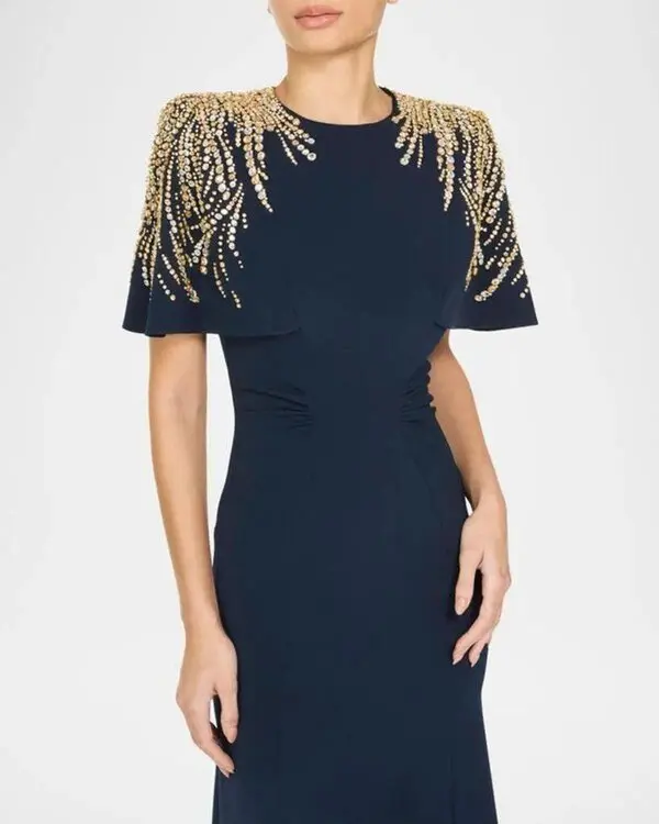 Jenny Packham Embellished Petal-sleeve Trumpet Gown