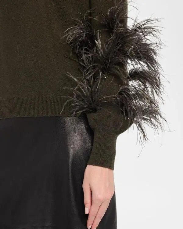Neiman Marcus Cashmere Feather-sleeve Sweater - Loden