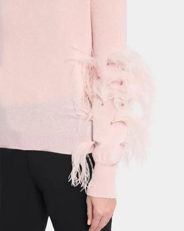 Neiman Marcus Cashmere Feather-sleeve Sweater - Rosewater