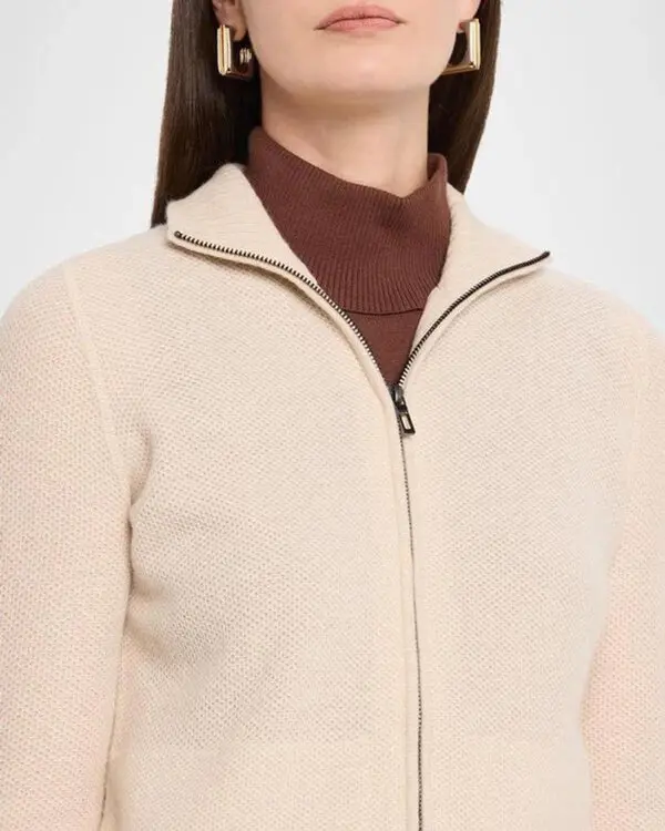 Neiman Marcus Fancy Stitch Cashmere Zip-front Cardigan - Bone