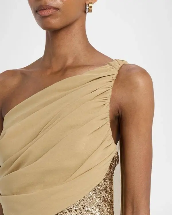 Pamella Roland Draped Chiffon One-shoulder Sequined Gown - Gold