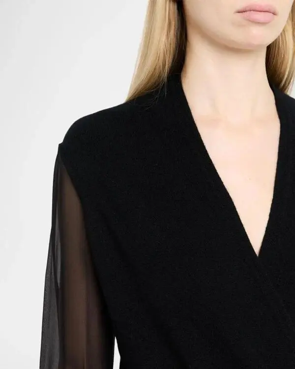 Neiman Marcus Sheer-sleeve Surplice Sweater - Black