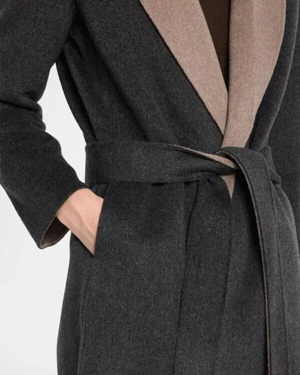 Neiman Marcus Double-face Cashmere Belted Coat - Charcoal/c