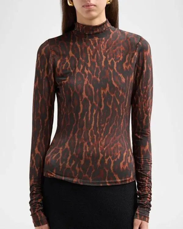 GANNI Printed Shiny Jersey Turtleneck Top - Rawhide
