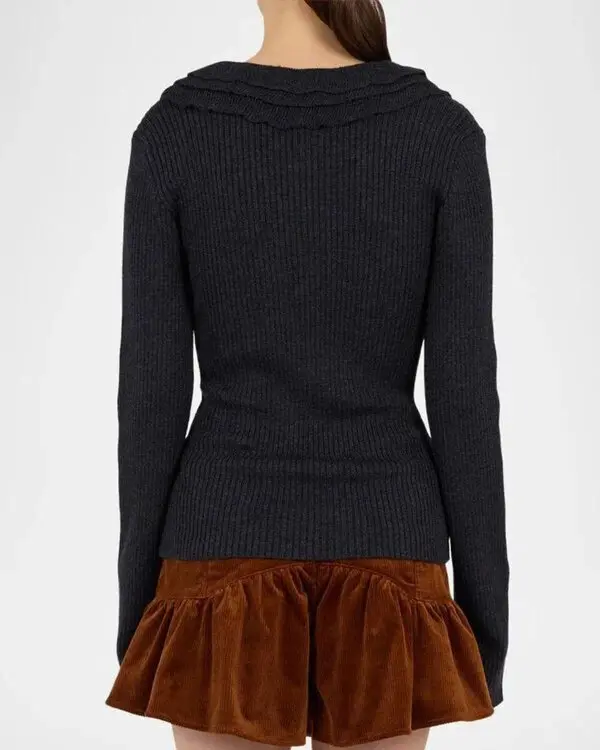 GANNI Rib-knit Merino Wool Frill Long-sleeve Top - Egret