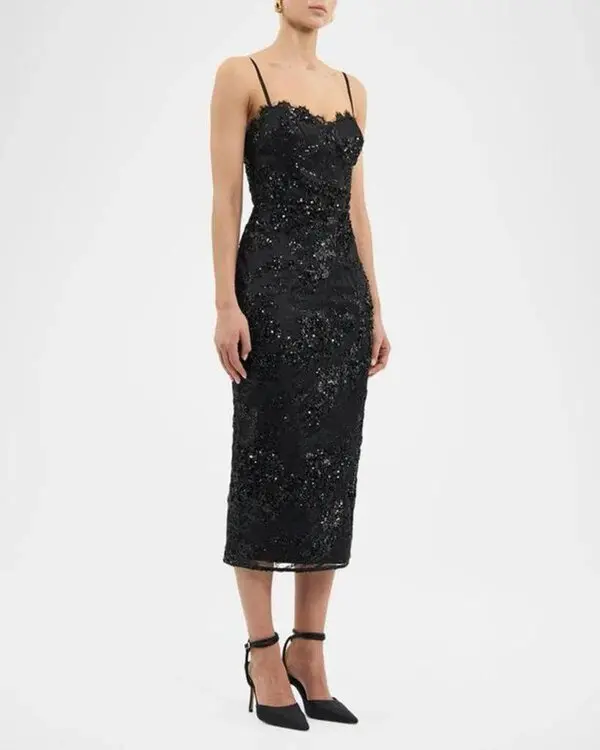 REBECCA VALLANCE Beau Sequin Lace Column Midi Dress