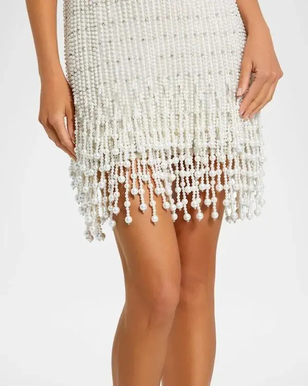 Mac Duggal Imitation Pearl Beaded Fringe Mini Dress
