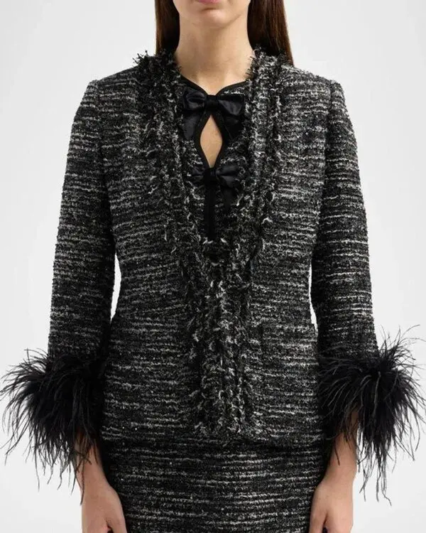 UNGARO Adley Ostrich Feather-trim Tweed Jacket