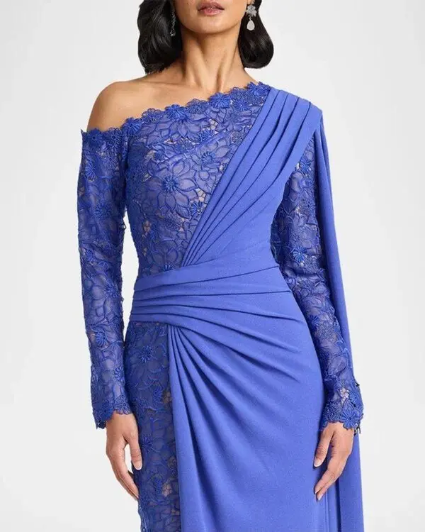 Tadashi Shoji Ravelle Lace-paneled Column Gown - Blue Iris