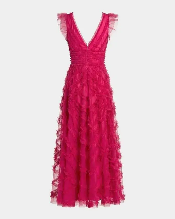 Mac Duggal Ruffled Mesh Midi Dress - Fuchsia