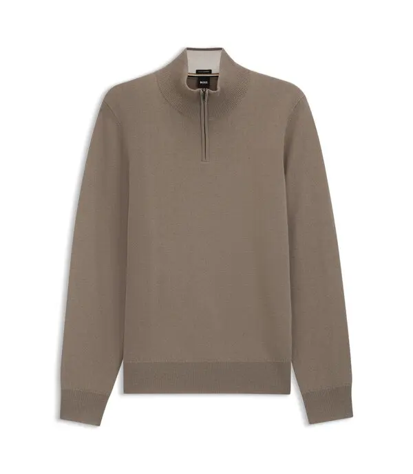 BOSS Zipper-neck Sweater In Virgin Wool With Cashmere - Light Brown
