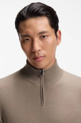 BOSS Zipper-neck Sweater In Virgin Wool With Cashmere - Light Brown
