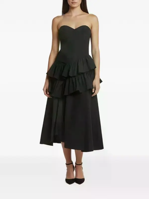 MARCHESA NOTTE Ruffled Strapless Midi Dress