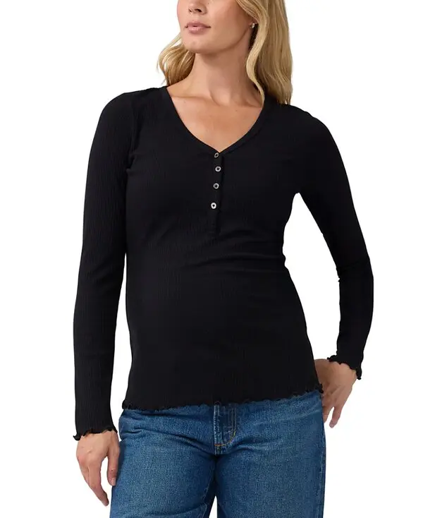 INGRID & ISABEL Rib Maternity & Nursing Henley Top - Black