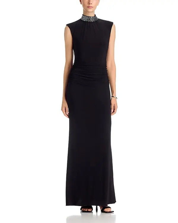 Aqua Beaded Mock Neck Gown Exclusive