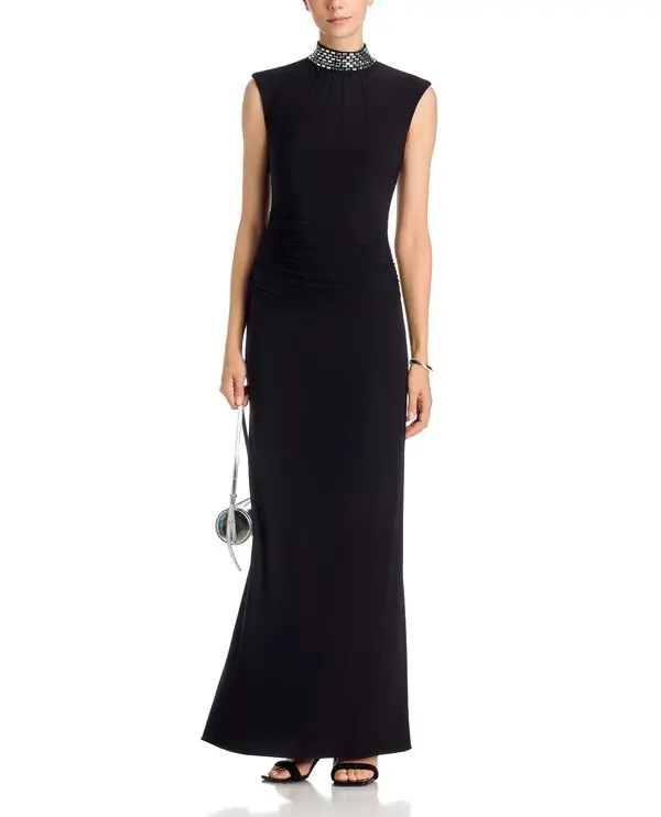 Aqua Beaded Mock Neck Gown Exclusive