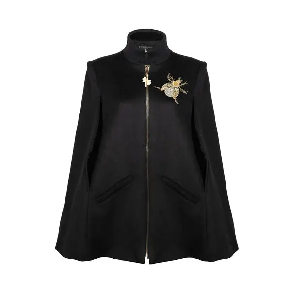 LAINES LONDON Laines Couture Wool Blend Zip Cape With Embellished Beetle Brooch - Black