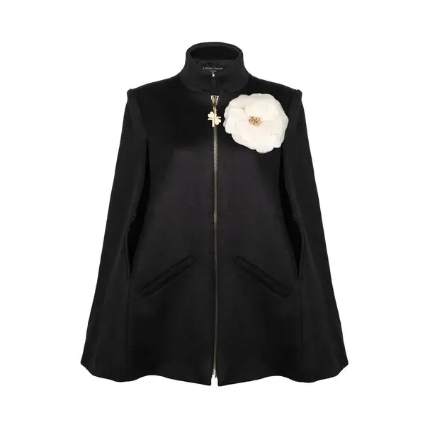 LAINES LONDON Laines Couture Wool Blend Zip Cape With Embellished Cream Organza Corsage - Black