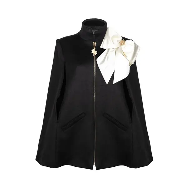 LAINES LONDON Laines Couture Wool Blend Zip Cape With Embellished Ivory Satin Bow Brooch - Black