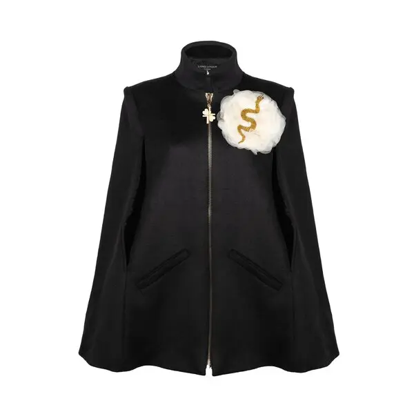 LAINES LONDON Laines Couture Wool Blend Zip Cape With Embellished Snake/cream Flower Brooch - Black