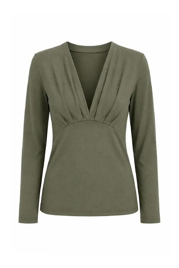 CONQUISTA Draped V-neck Long Sleeve Top - Green