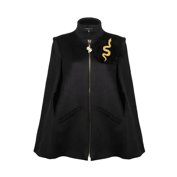 LAINES LONDON Laines Couture Wool Blend Zip Cape With Embellished Snake/ Flower Brooch - Black