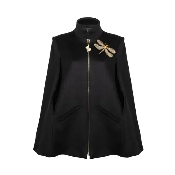 LAINES LONDON Laines Couture Wool Blend Zip Cape With Embellished Dragonfly Brooch - Black