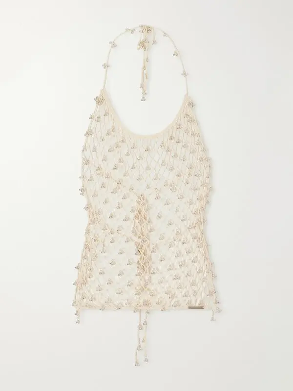 YOSHITA 1967 Lilian Embellished Cotton Crochet-knit Halterneck Top - Neutrals