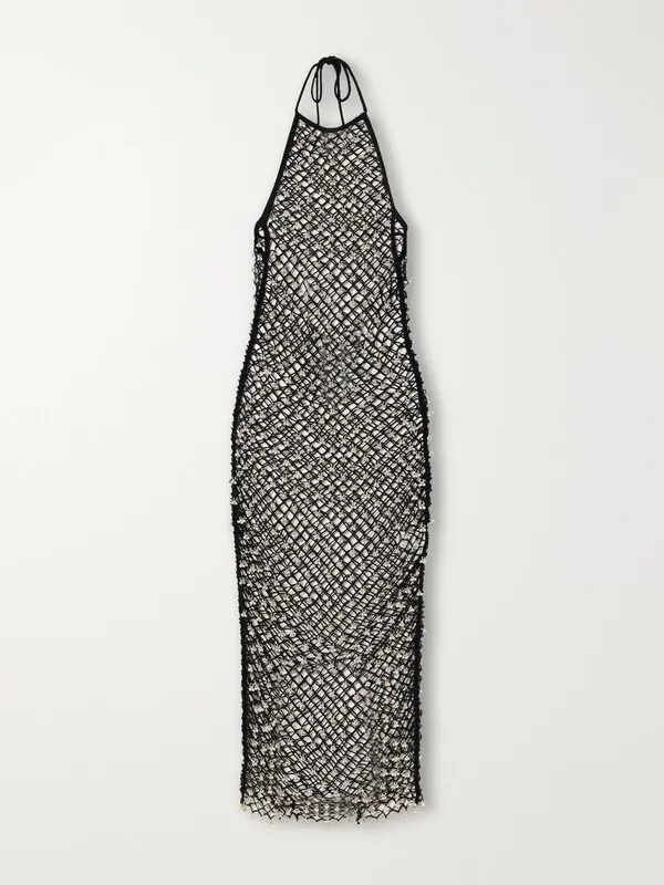 YOSHITA 1967 Jhanjar Embellished Cotton Crochet-knit Halterneck Midi Dress - Black