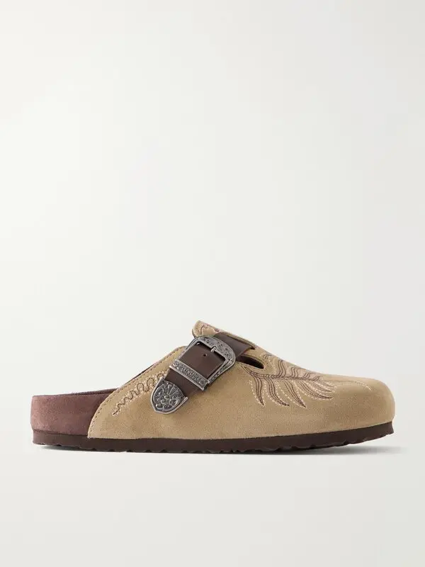 Etro Birkenstock Boston Embroidered Leather-trimmed Suede Slip-ons