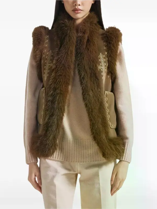 Seventy Faux-fur Trim Embroidered Gilet - Brown