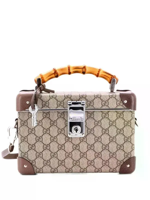 Gucci Bamboo Globe-trotter Vanity Case Gg Coated Canvas Satchel - Brown