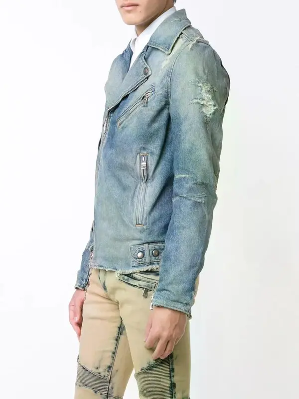 Balmain Destroyed Denim Biker Jacket