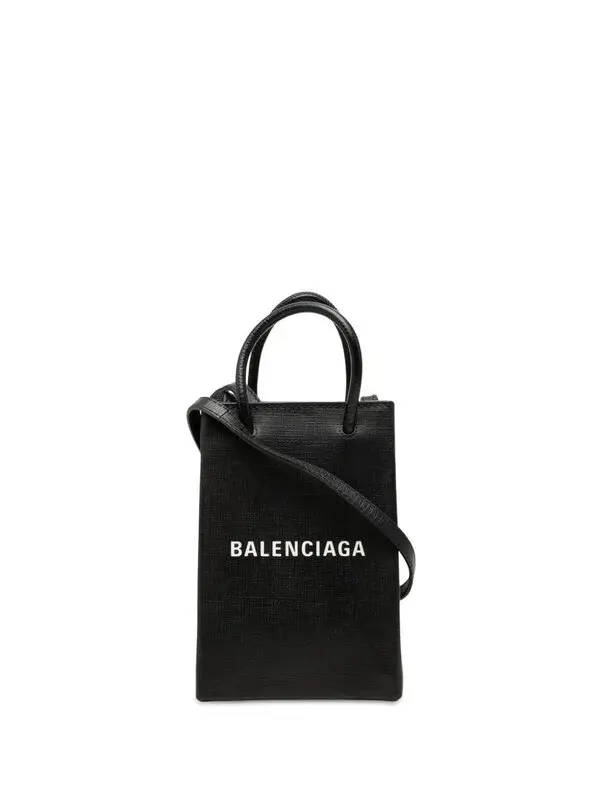 Balenciaga 2018-2026 Mini Calfskin Logo Shopping Phone Holder Satchel - Black