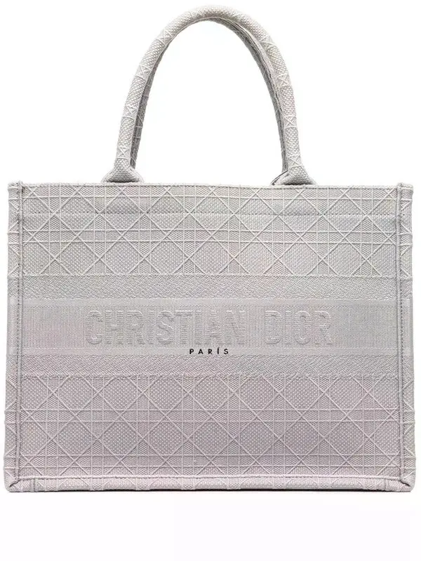 Dior 2020 Medium Cannage Embroidered Book Tote Bag - Grey