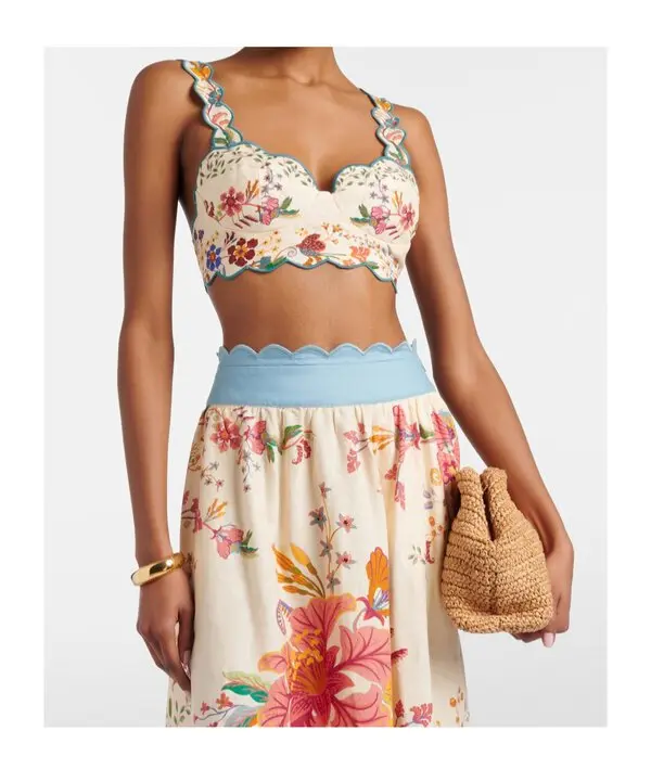 Farm Rio Floral Ruffled Linen Crop Top