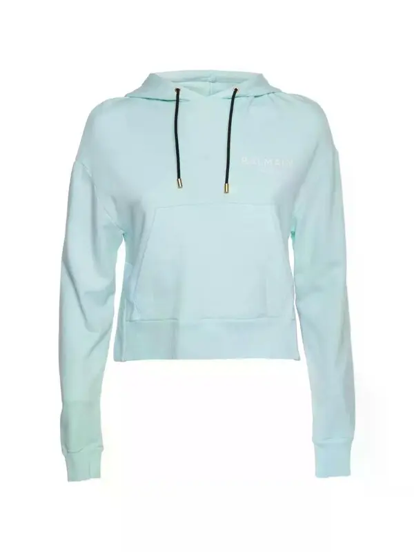 Balmain Logo Print Cropped Hoodie - Blue