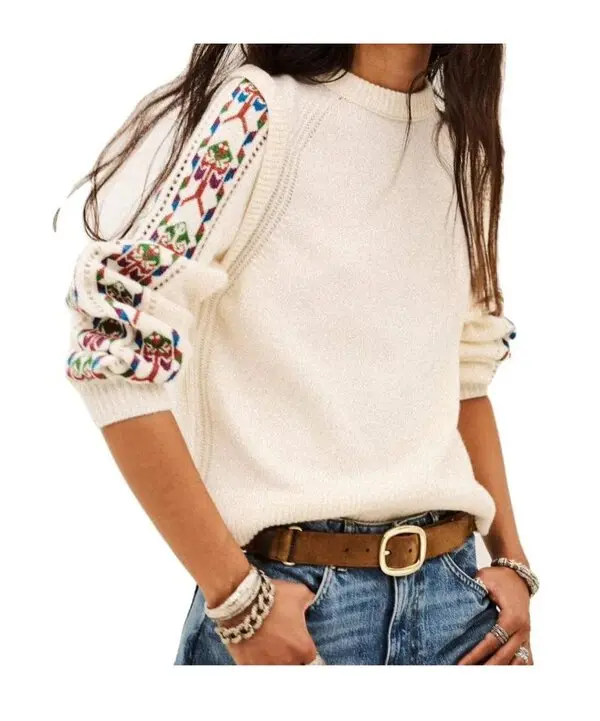 Ba&sh Elda Embroidered Ruffle-trimmed Sweater - Cream