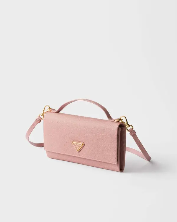 Prada Saffiano Leather Wallet With Shoulder Strap - Peach