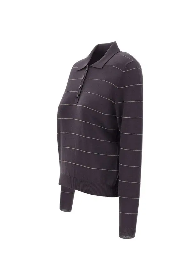 Eleventy Striped Long Sleeve Polo Top
