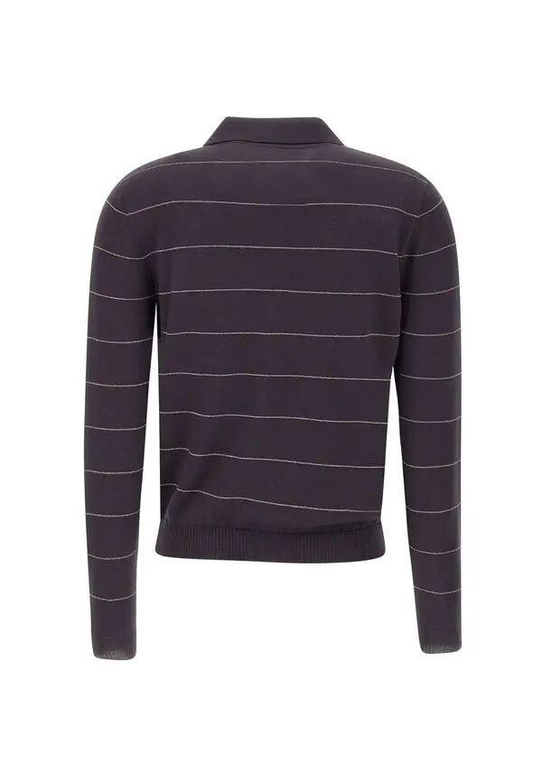 Eleventy Striped Long Sleeve Polo Top
