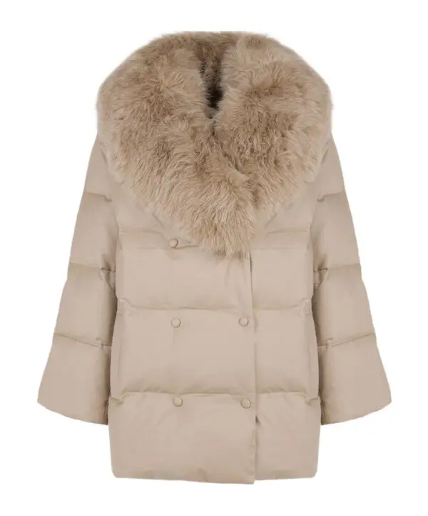 YVES SALOMON Long Double-breasted Down Jacket In Fabric With Detachable Fox Fur Collar
