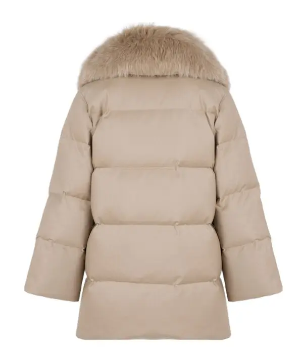 YVES SALOMON Long Double-breasted Down Jacket In Fabric With Detachable Fox Fur Collar
