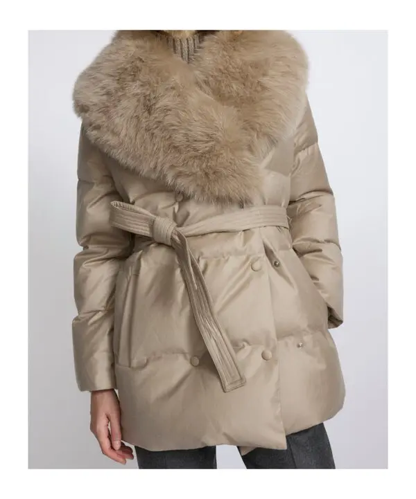 YVES SALOMON Long Double-breasted Down Jacket In Fabric With Detachable Fox Fur Collar